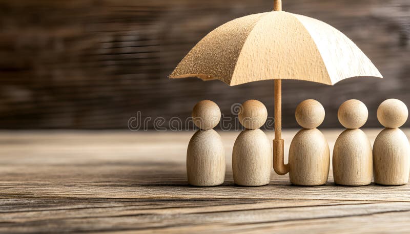 Human Figures Under Umbrella on Light Wooden Table. Insurance Concept ...