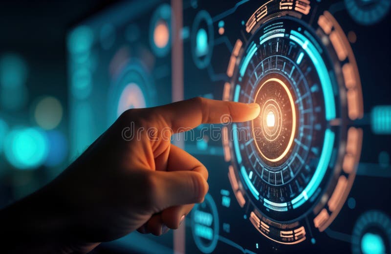 Human Finger Activates Futuristic AI on Touch Screen Display. Person ...