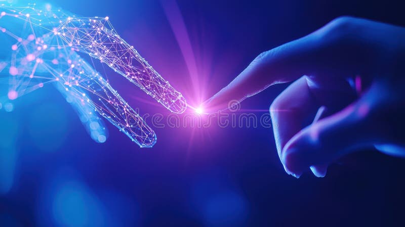 Human Finger and a Digital Robotic Finger about To Touch, with a ...