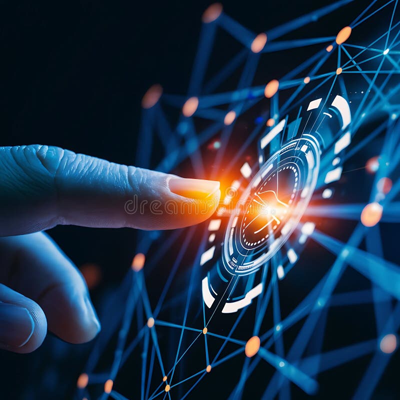 A Human Finger Gently Tapping a Luminous Digital Interface, Surrounded ...