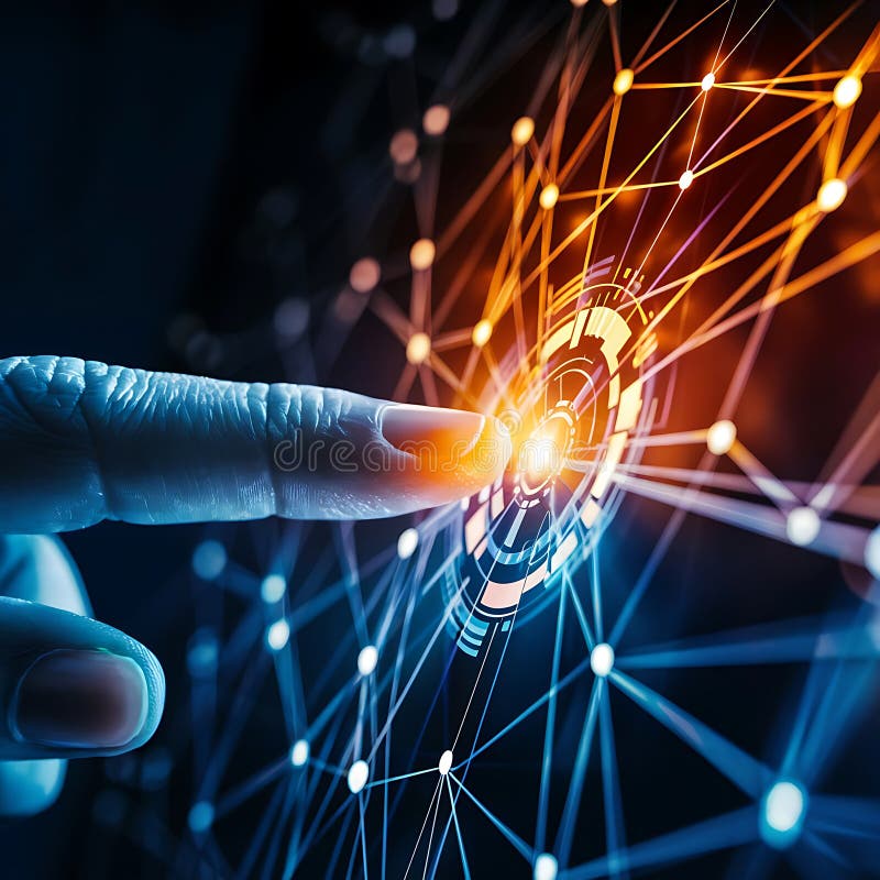 A Human Finger Gently Tapping a Luminous Digital Interface, Surrounded ...