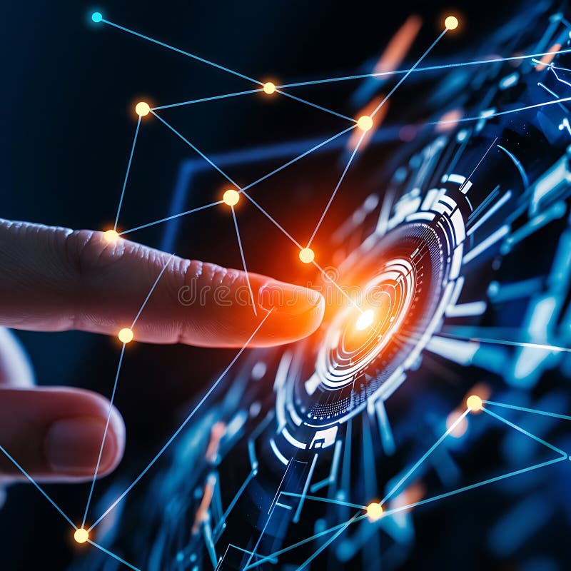 A Human Finger Gently Tapping a Luminous Digital Interface, Surrounded ...
