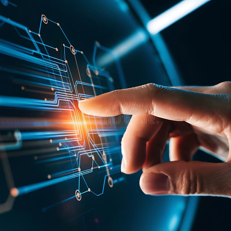A Human Finger Gently Tapping a Luminous Digital Interface, Surrounded ...