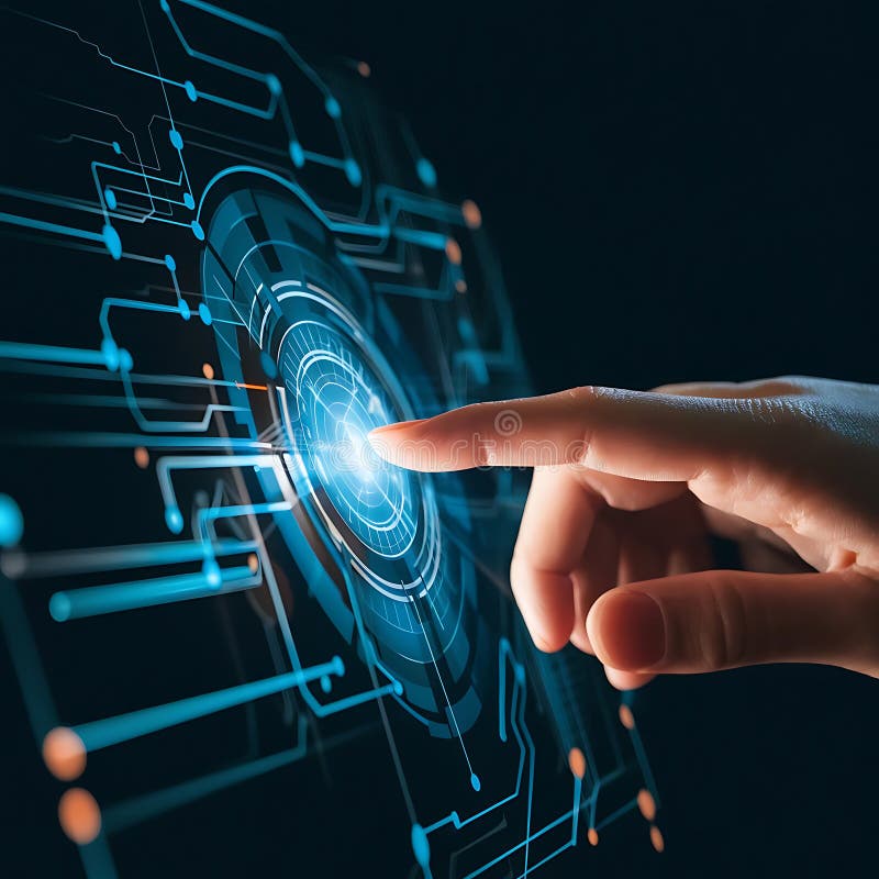 A Human Finger Gently Tapping a Luminous Digital Interface, Surrounded ...