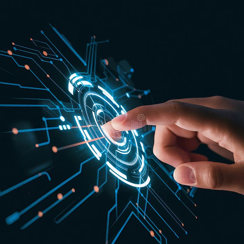 A Human Finger Gently Tapping a Luminous Digital Interface, Surrounded ...