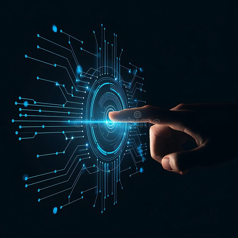 A Human Finger Gently Tapping a Luminous Digital Interface, Surrounded ...