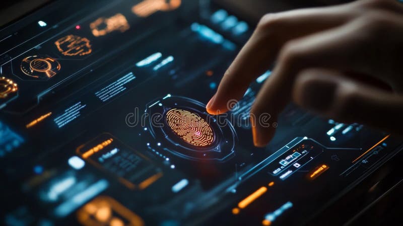 Human Finger Interacting with a Glowing Brain on a Futuristic Digital ...