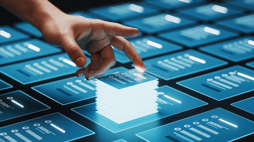 Human Finger Interacts with Glowing Digital Interface Displaying Data ...