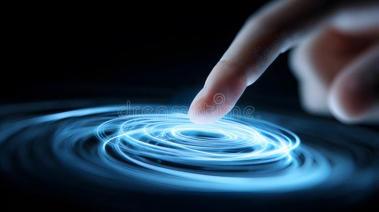 Human Finger Touches Digital Data Interface with Blue Light Ripples in ...