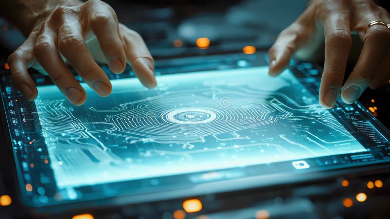 A Human Finger Interacts with a Glowing Red Futuristic Digital Interface, Simulating a High-tech ...