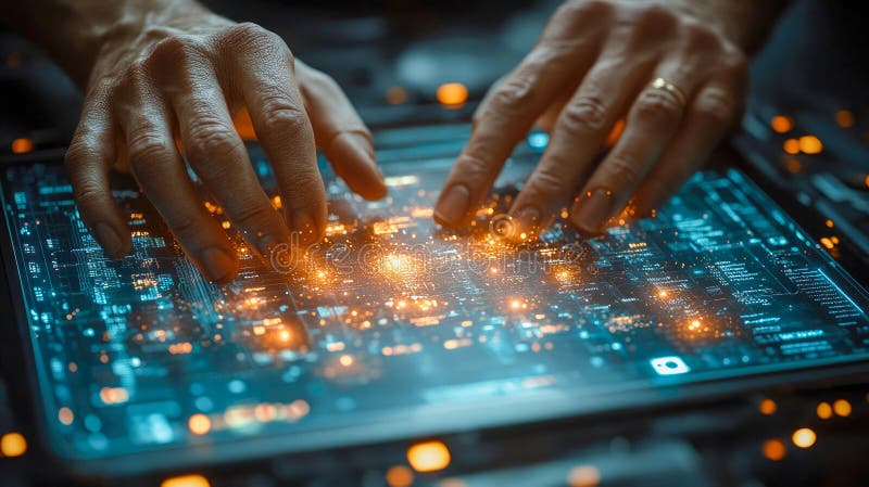 A Human Finger Interacts with a Glowing Red Futuristic Digital ...