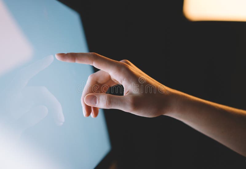 Human Finger Pointing on the Glowing Computer Screen with Blue and Blur ...