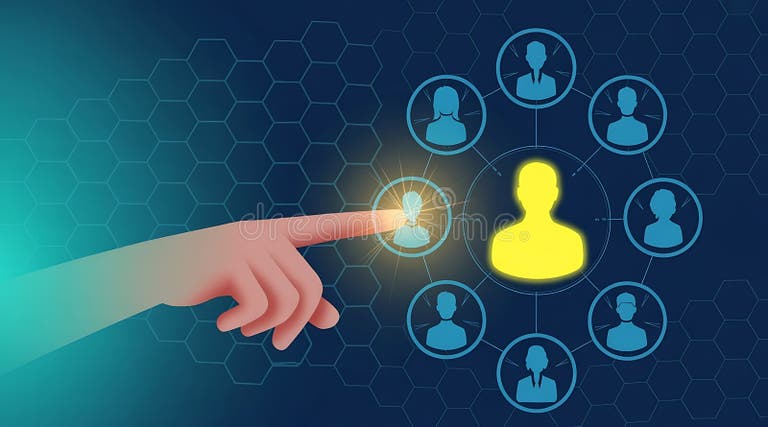 Human Finger Pointing at a Glowing Digital Human Icon Connected in a ...
