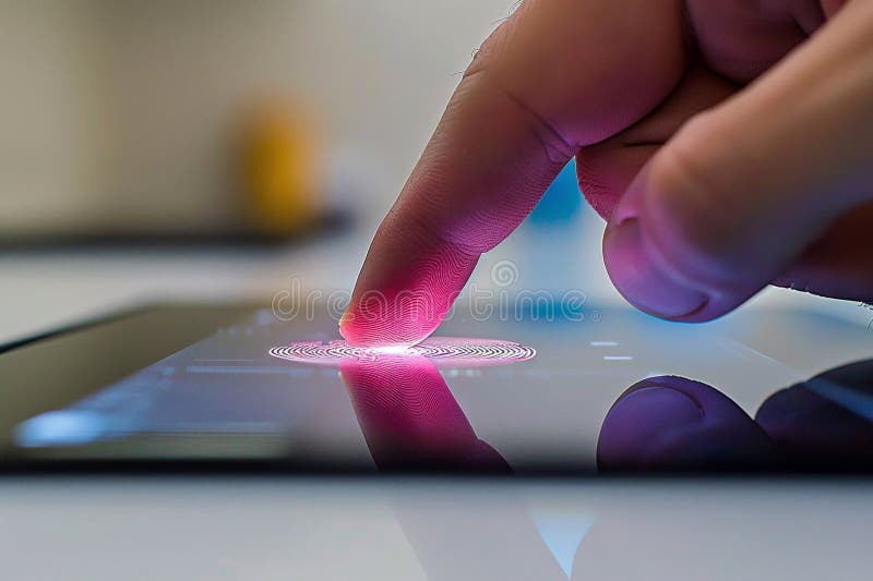 Human Finger Press on the Screen with Fingerprint Scanner Stock ...