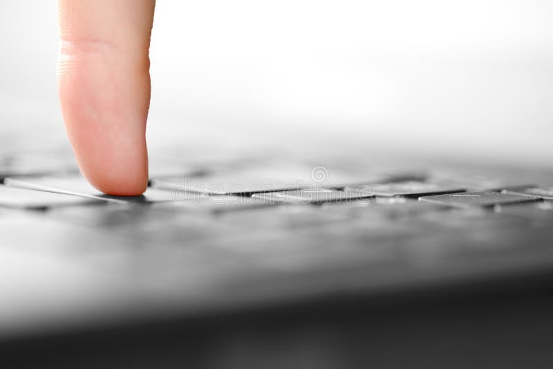 Human Finger Pressing Button on Laptop Computer Stock Photo - Image of ...