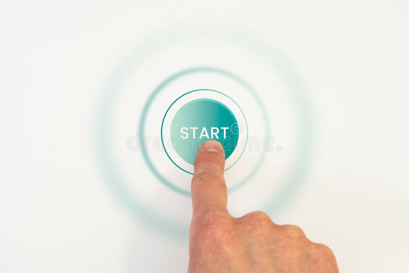 Human Finger Pressing Circular Start Button with Glowing Rings ...