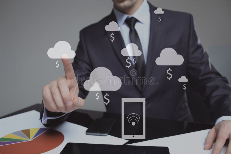 Human Finger Pressing High Tech Glowing Modern Cloud Service Interface ...