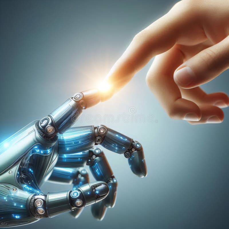Human Finger Touches the Finger of a Robot Metallic Finger. Coexistence ...