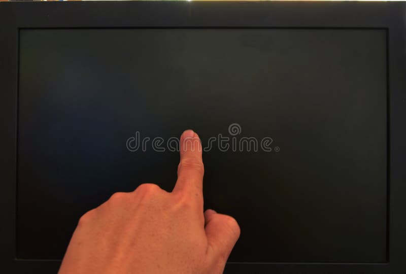 Human Finger Touching on Black Computer Screen Stock Photo - Image of ...