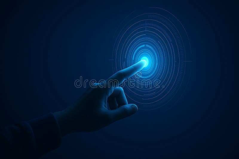 Human Finger Touching a Glowing Blue Digital Interface with Concentric ...
