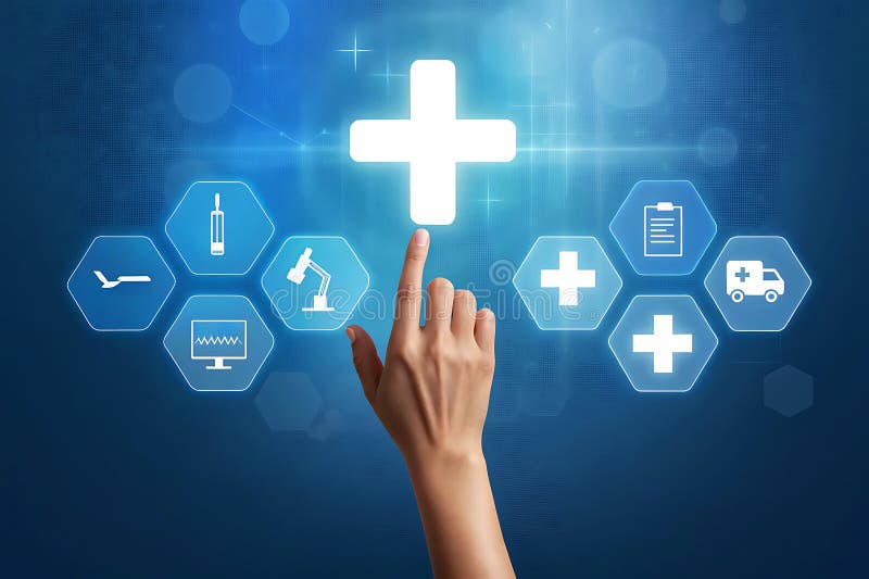 Human Finger Touching a Glowing Plus Sign Surrounded by Medical Icons ...