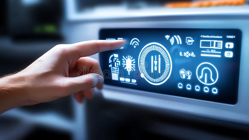 A Human Finger Touching a Glowing Screen Interface for Control Stock ...