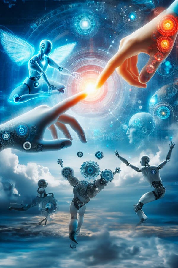 Human Fingers and an Android with Angel Wings Touch a Yellow Glowing ...