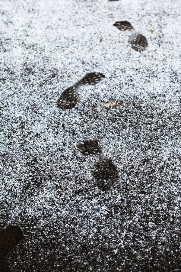 Human Footprints on Sidewalk Covered by First Snow Stock Image - Image ...