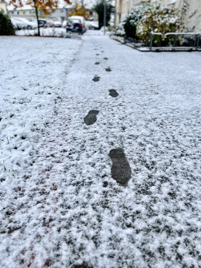 Human Footprints in the Snow Under Sunlight Close-up View Stock Image ...