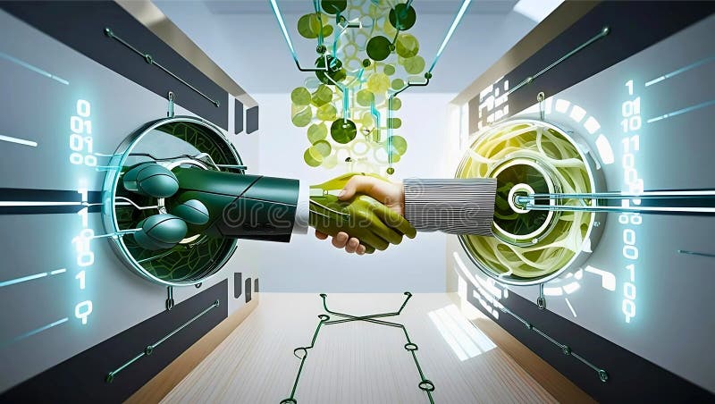 Human and Green Robotic Hands Shake in a High-tech Tunnel Stock ...