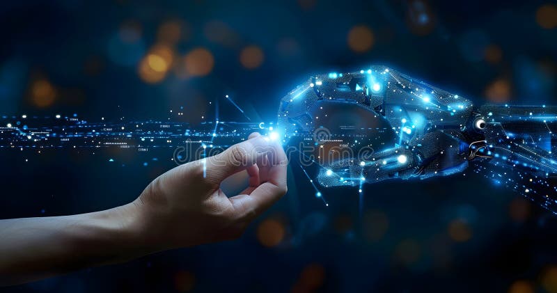 Human Hand and AI Robot S Finger Touch Each Other with Digital Data ...
