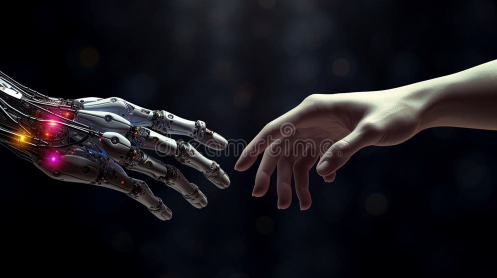 Human Hand and Android Cyborg. Artificial Intelligence Technology ...
