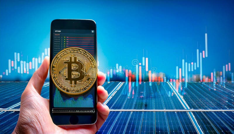 Human Hand with Bitcoin Coins in Smartphone and Chart Financial Market ...