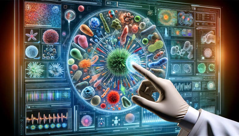 Human Hand on Screen Creating and Analyzing Nano Virus Check Bacterias ...
