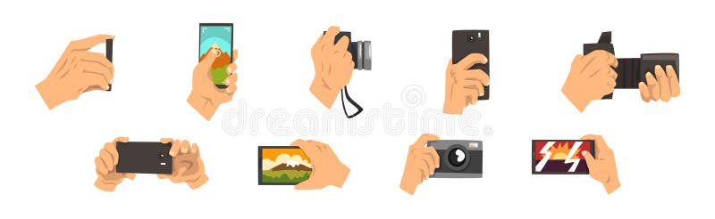 Human Hand with Camera and Smartphone Shooting and Filming Vector Set ...