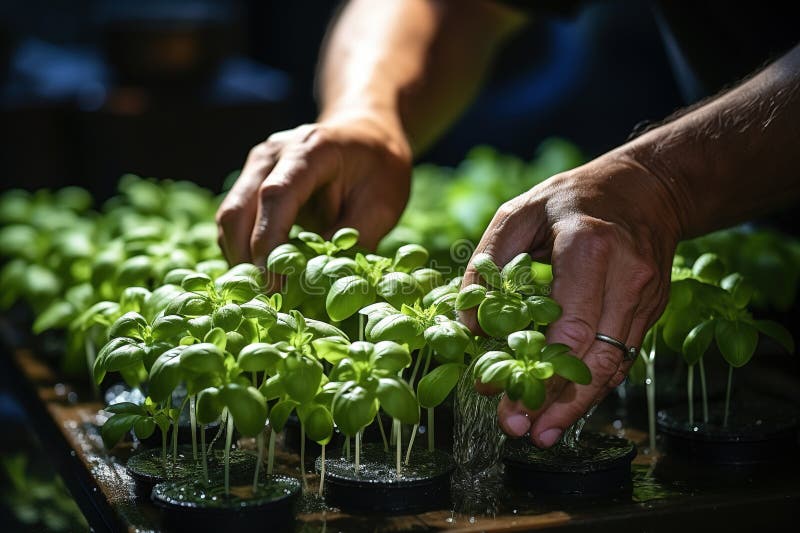 Human Hand Collecting Crop from a Hydroponic Crops on Rows.. Generative ...