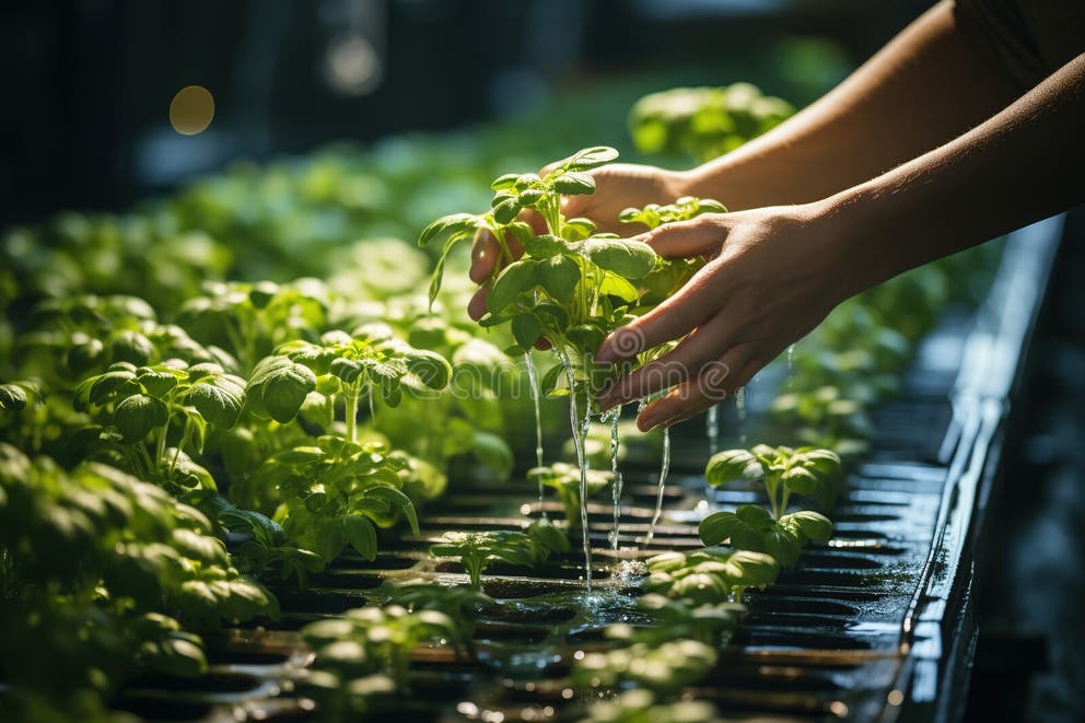 Human Hand Collecting Crop from a Hydroponic Crops on Rows.. Generative ...