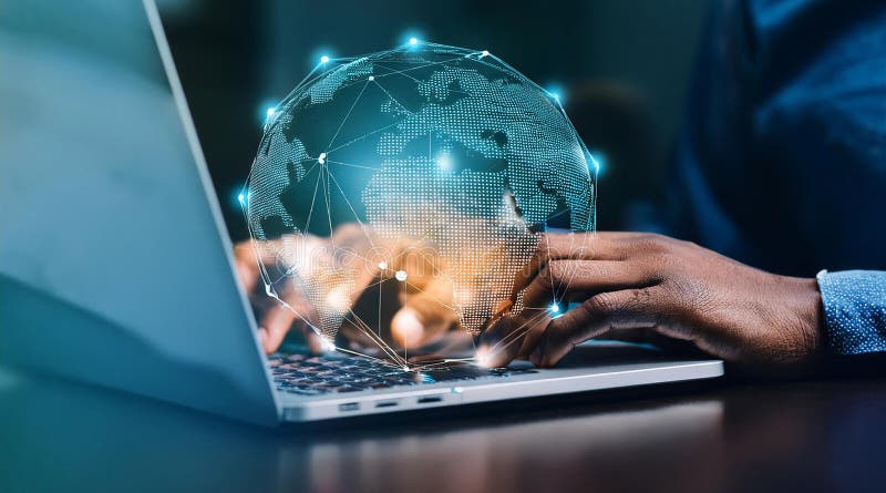 Human Hand with Computer and World Ball Stock Illustration ...