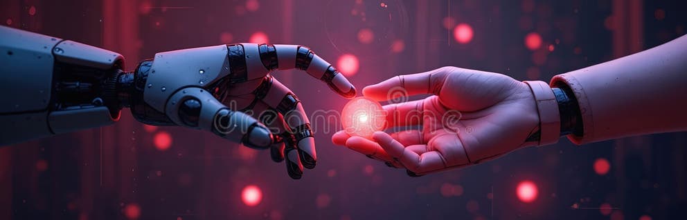 Human Hand Connects Robot Hand. Digital Tech Meets Human, Artificial ...