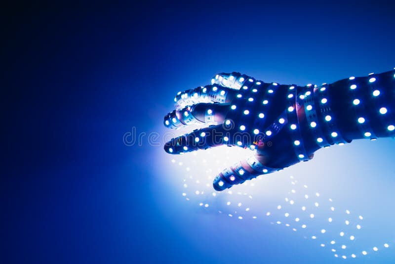 Human Hand Covered with Blue Led Lights, Illuminated Background Stock ...
