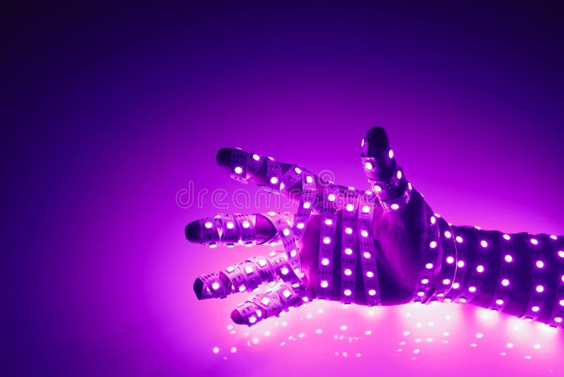 Human Hand Covered with Purple Led Lights, Illuminated Background Stock ...