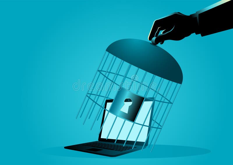Human Hand Covering a Laptop with Bird Cage Stock Vector - Illustration ...