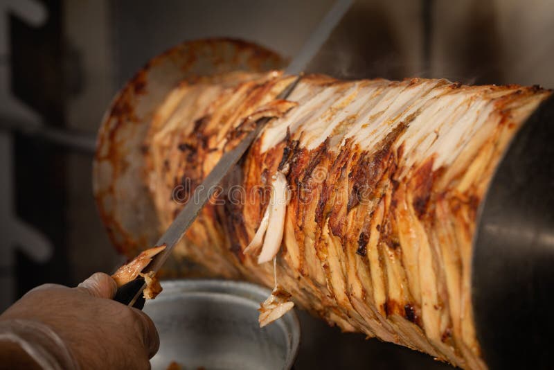 Human Hand Cutting with Knife Meat for Shawarma Stock Image - Image of ...
