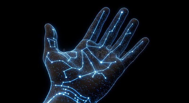 Human Hand with Digital Network Overlay on Black Background Stock ...