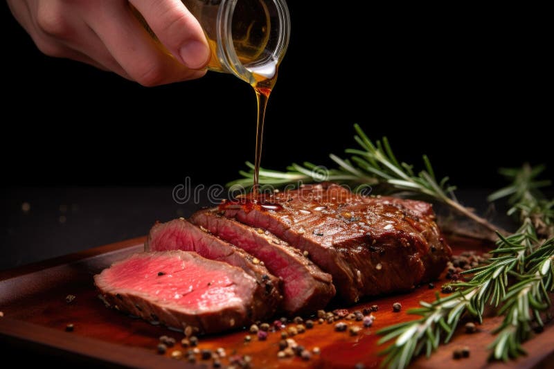 Human Hand Drizzling Sauce on Roasted Beef with Rosemary Stock Image ...