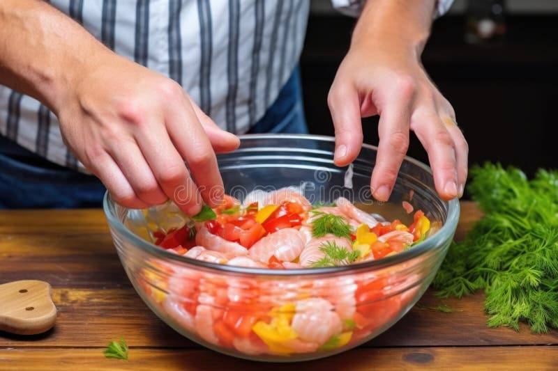 Human Hand Dropping Shrimp into a Bowl of Ceviche Stock Image - Image ...