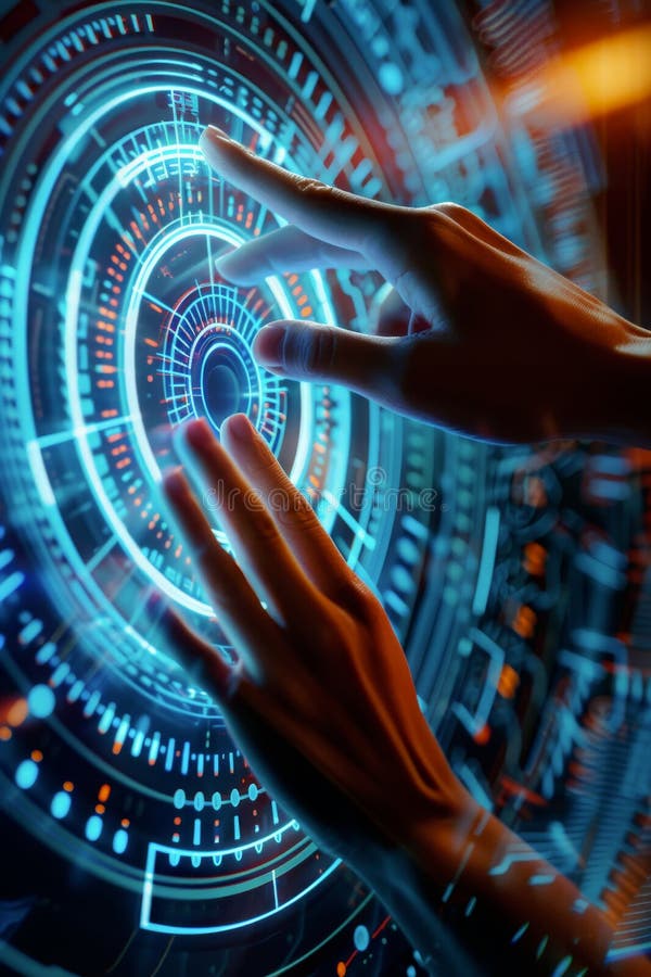 Human Hand Engaging with a Complex Holographic Interface with Glowing ...