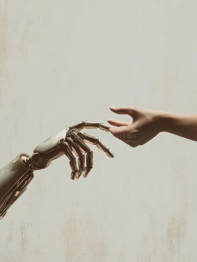 A Human Hand Extends Toward a Robot Hand, Symbolizing the Merging of ...