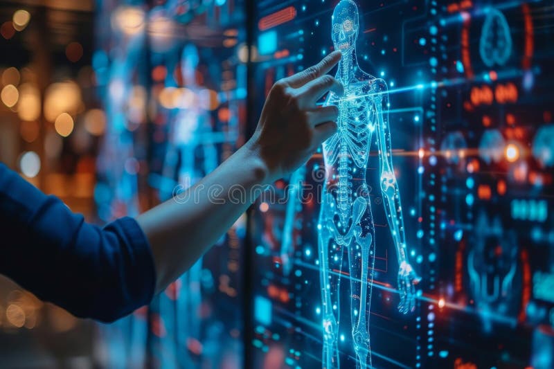 The Human Hand is in Front of a Digital Display with a Human Structure ...