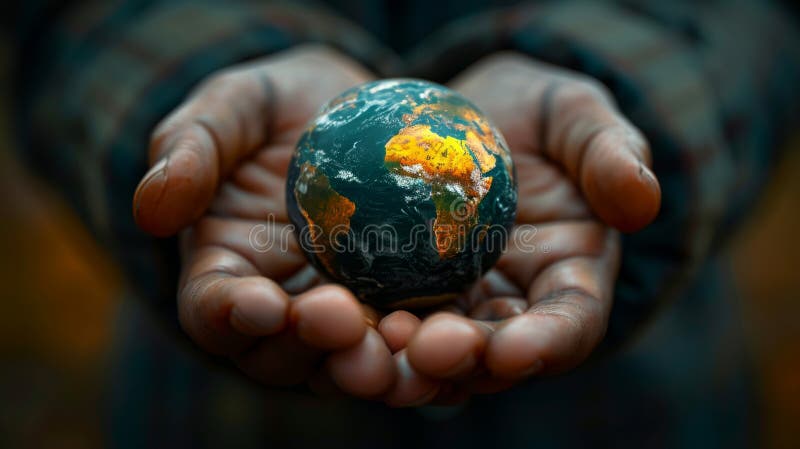 A Human Hand Gently Holding a Small Globe Representing Earth. Stock ...